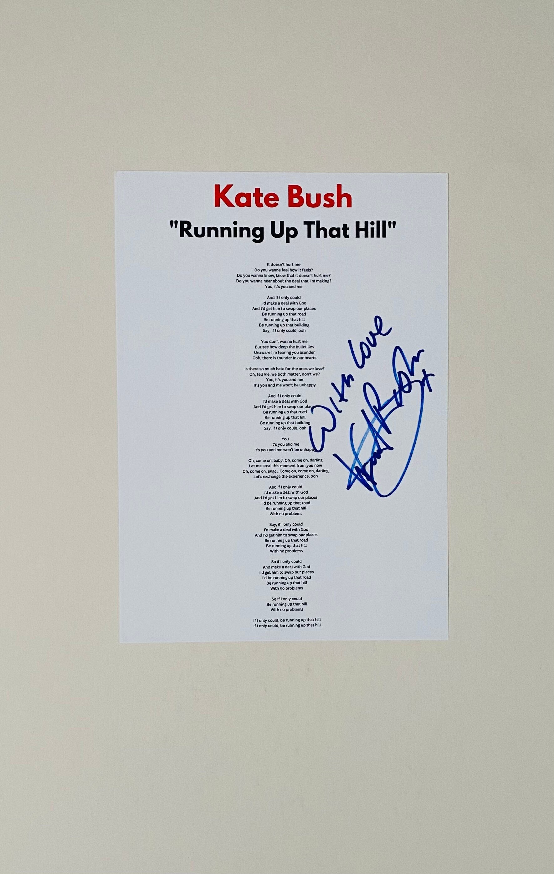 Hoja de letra A4 firmada de Kate Bush Running Up That Hill - Etsy México