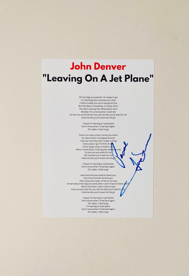 John Denver leaving on A Jet Plane Signed A4 Lyric Sheet - Etsy