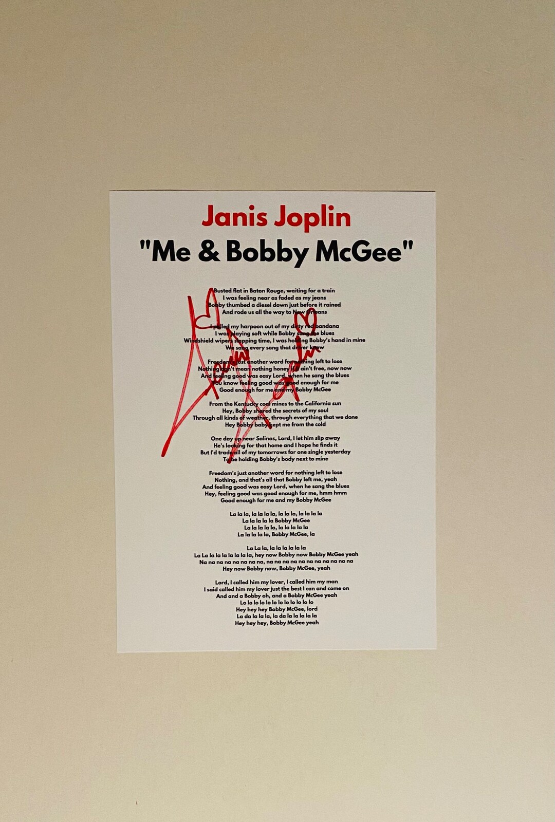 Janis Joplin me & Bobby Mcgee Signed A4 Lyric Sheet - Etsy Canada