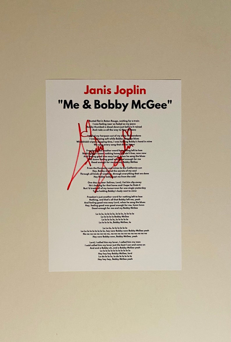 Janis Joplin Me And Bobby Mcgee Signed A4 Lyric Sheet Etsy