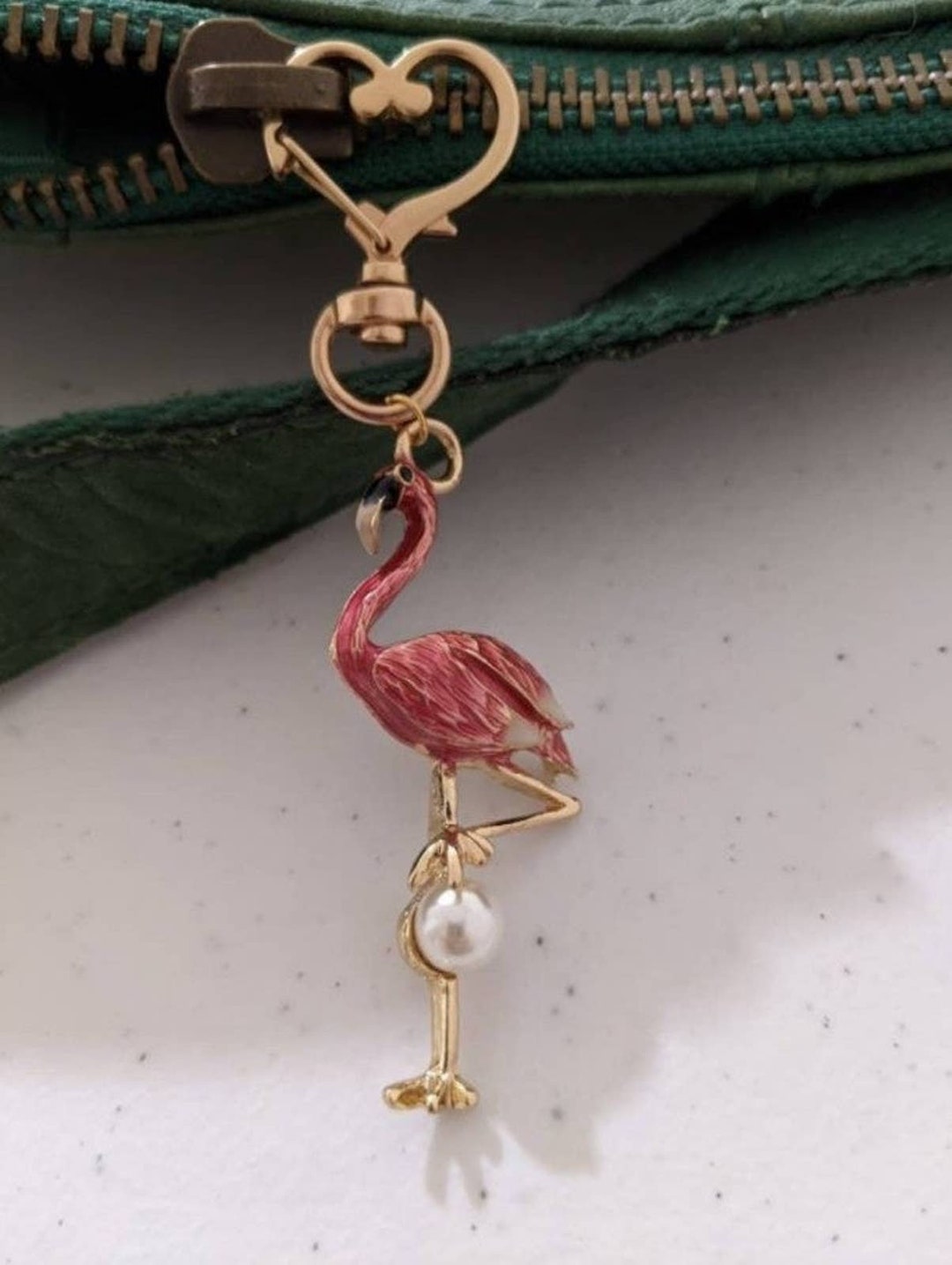 Large Pink Flamingo With Pearl Zipper Pull Bag Purse Charm Animal Lover ...