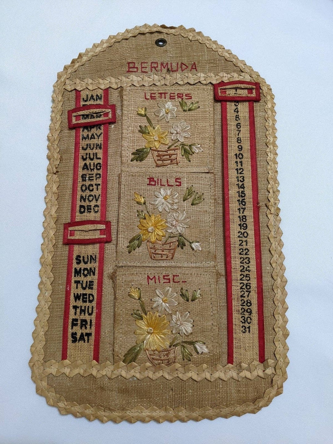 Vintage Bermuda Calendar Letters Bills Organizer Sorter Wicker Flower ...