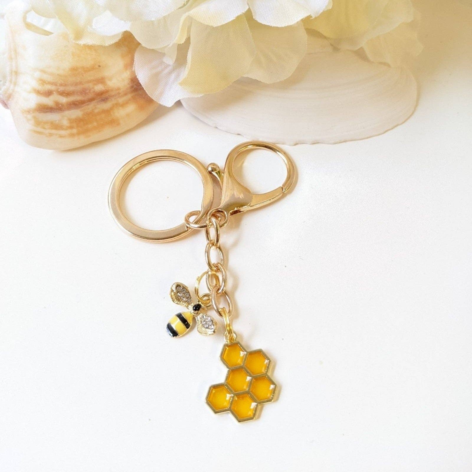 Bumble Bee Honeycomb Gold Tone Keyring Keychain Rhinestone Stone Bag ...