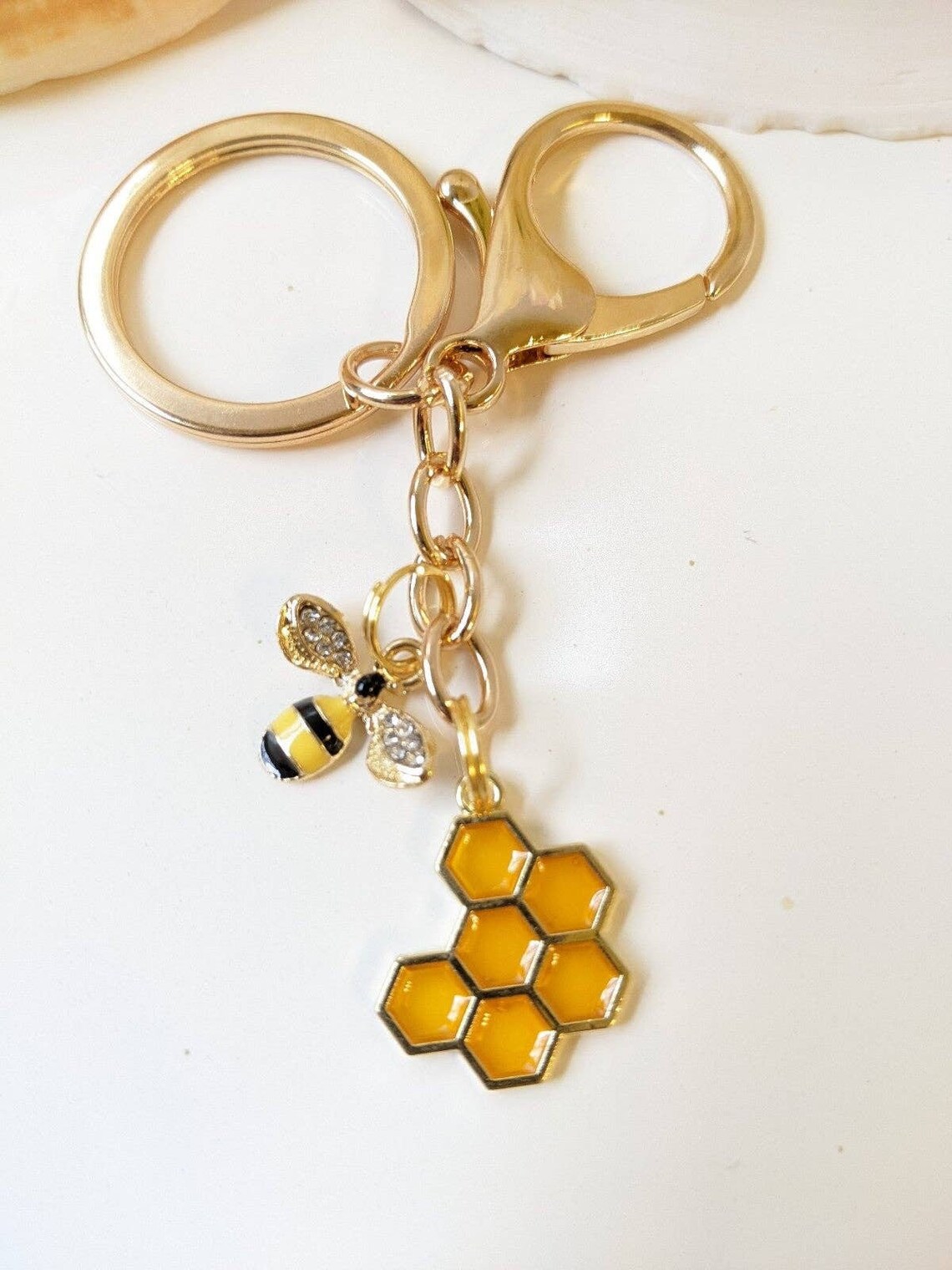 Bumble Bee Honeycomb Gold Tone Keyring Keychain Rhinestone Stone Bag ...