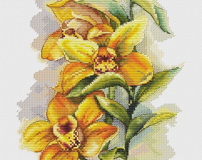 Sunny Orchid Cross Stitch Floral Pattern Pdf - Yellow Flower Embroidery ...