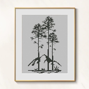Pine Woods Cross Stitch Blackwork Pdf Pattern - Forest Trees Cross Stitch Black White Embroidery ...