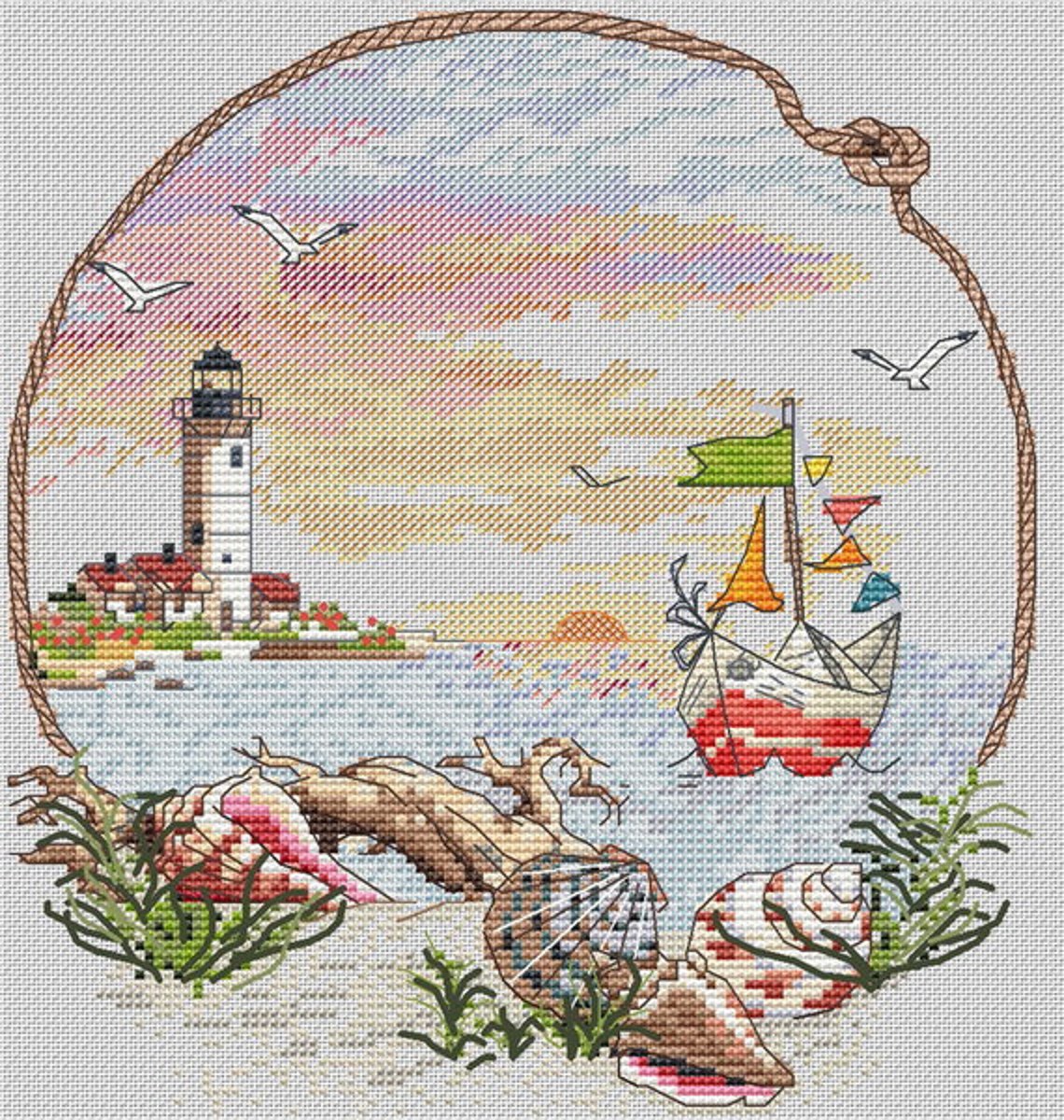 Lighthouse Cross Stitch Seacoast Pattern - Seaside Landscape Embroidery ...