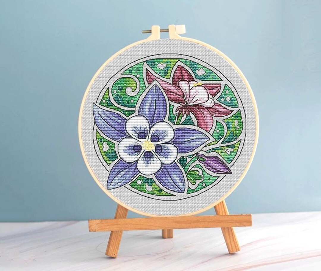 Blue Columbine Cross Stitch Round Pattern Pdf - Flowers Cross Stitch ...