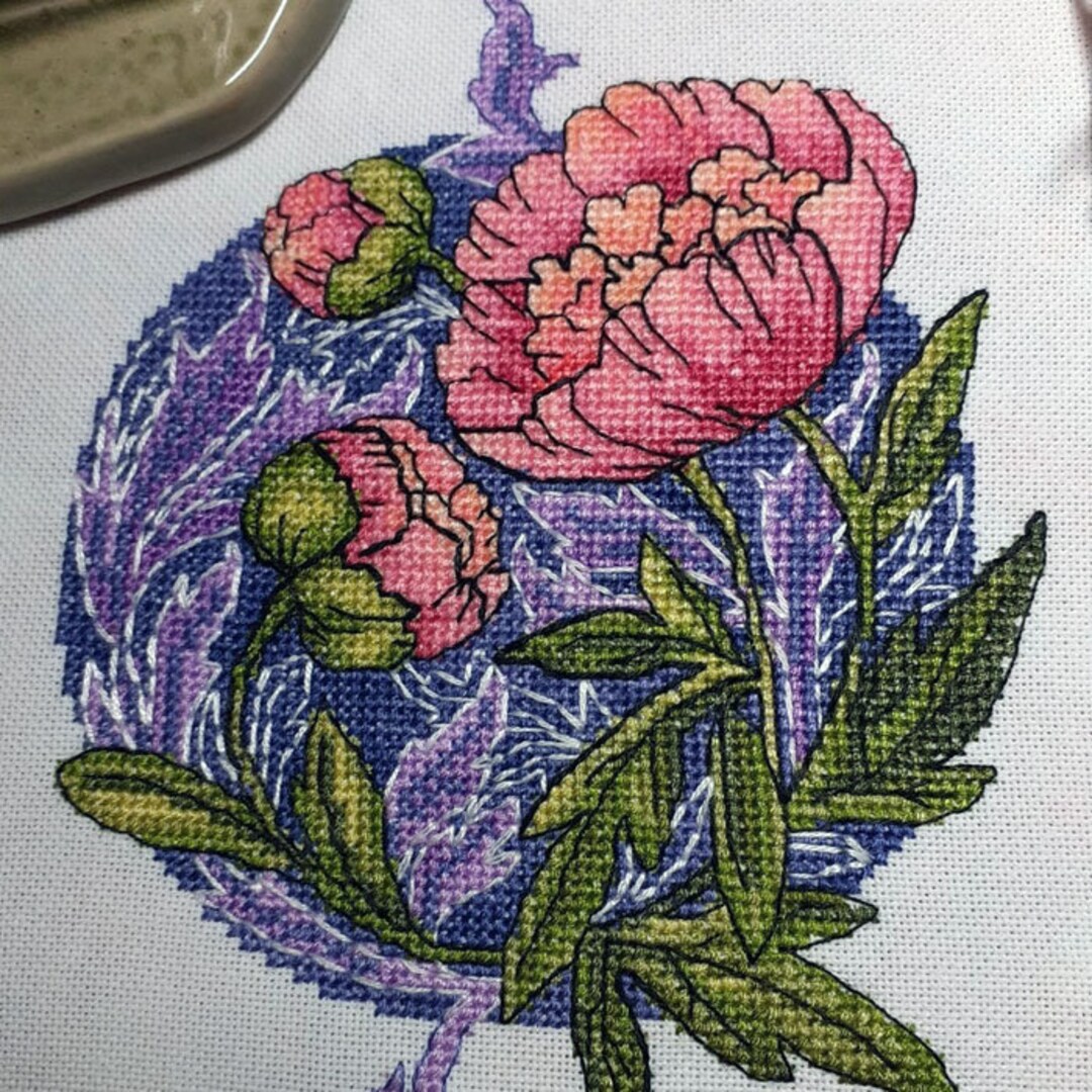 Peony Cross Stitch Blackwork Pattern Pdf - Spring Flowers Cross Stitch Peony Embroidery Pink ...