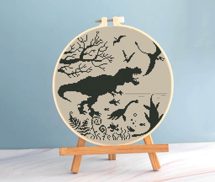 Dino Cross Stitch Blackwork Pattern Pdf - Prehistoric Park Cross Stitch ...
