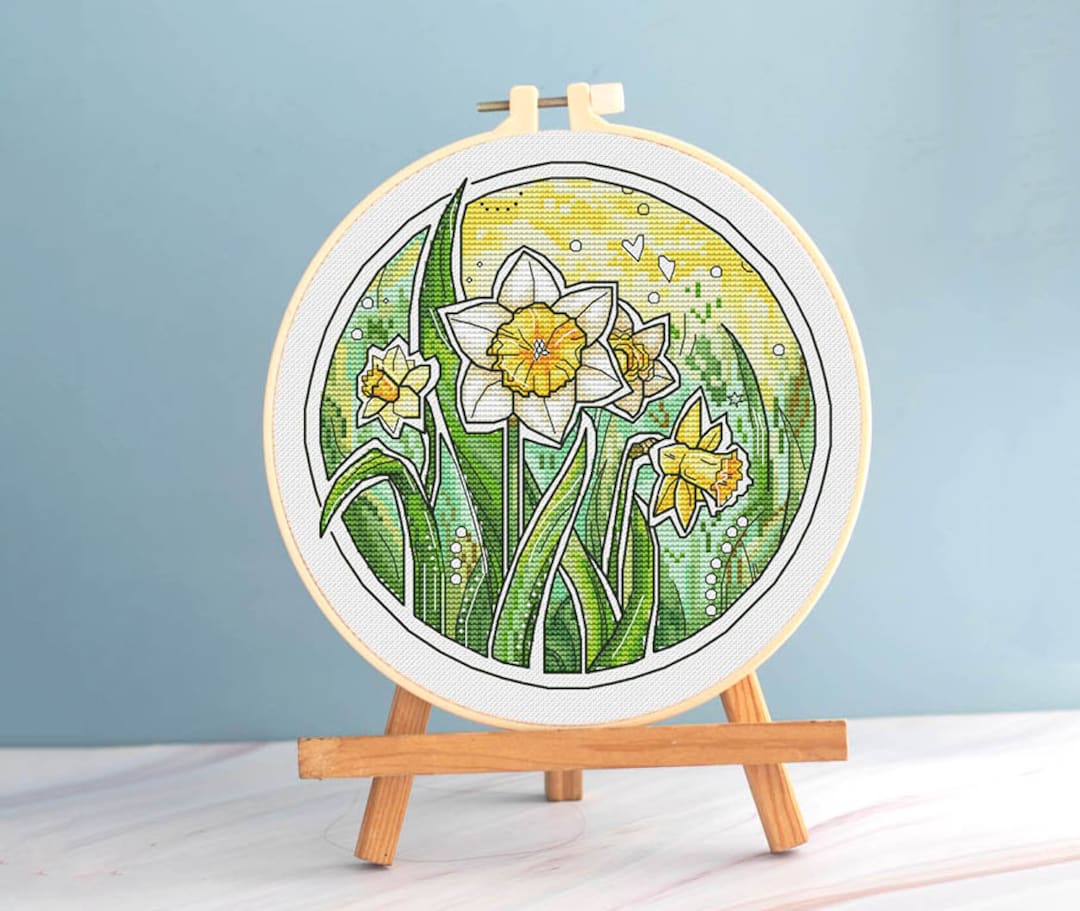 Daffodil Cross Stitch Round Pattern Pdf - Spring Flowers Cross Stitch ...