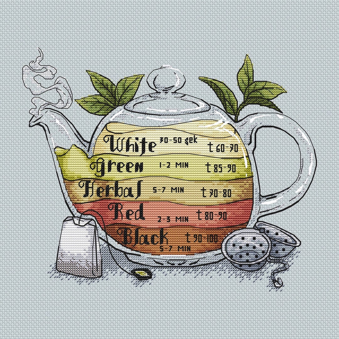 Tea Cross Stitch Sampler Pattern PDF - Green Tea Embroidery Teapot ...