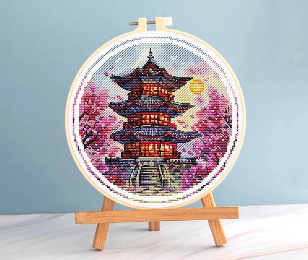 Spring Cross Stitch Japanese Art Pattern Pdf - Buddha Pagoda Embroidery ...