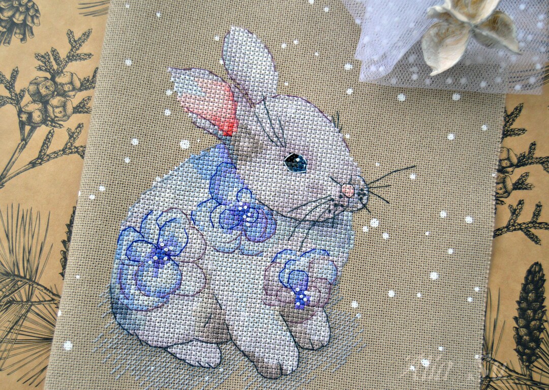 Bunny Cross Stitch Floral Pattern Pdf - White Rabbit Embroidery Easy Cross Stitch Baby Bunny ...