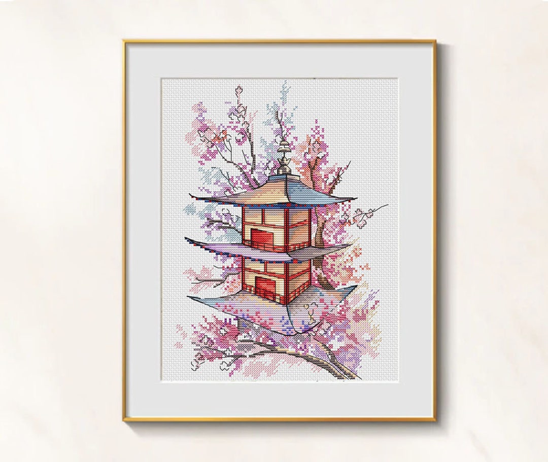 Pagoda Cross Stitch Asian Pattern Pdf - Buddhist Embroidery Japanese ...