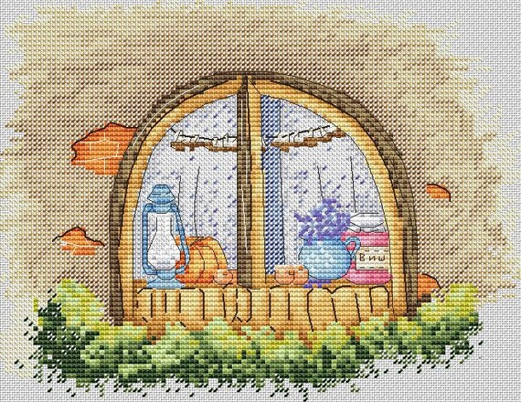 Autumn Cross Stitch Window Pattern Pdf Candle Light - Etsy