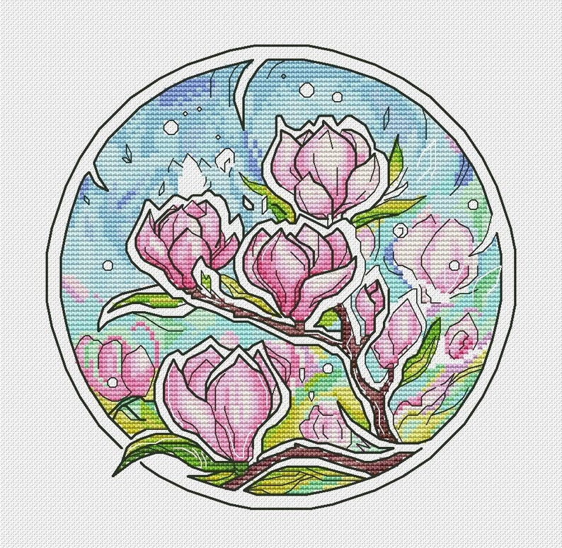 Magnolia Cross Stitch Round Pattern Pdf - Spring Flowers Cross Stitch ...