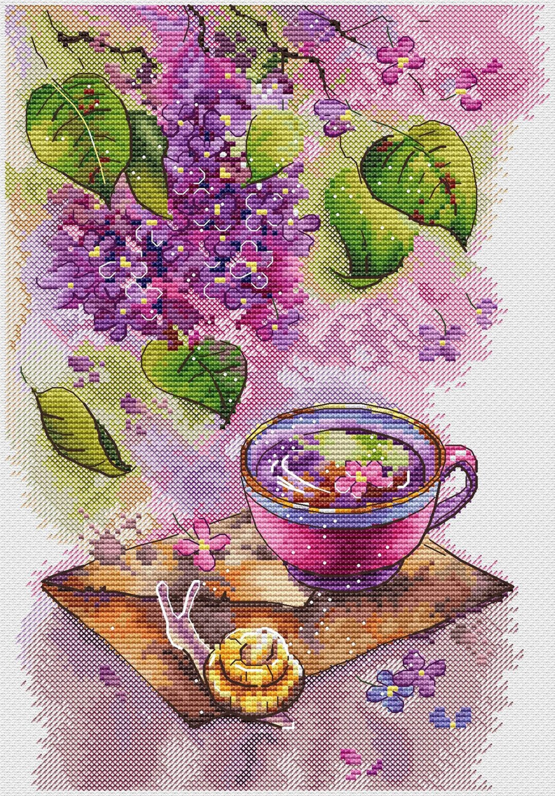 Lilac Cross Stitch Tea Cup Pattern PDF, Spring Embroidery Watercolor ...