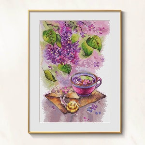 Lilac Cross Stitch Tea Cup Pattern PDF, Spring Embroidery Watercolor ...