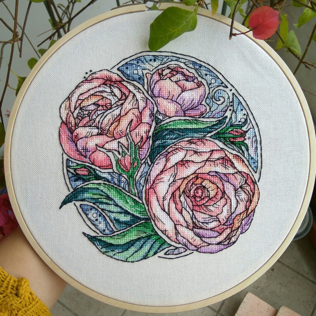 Peony Cross Stitch Round Pattern Pdf - Spring Flowers Cross Stitch Peonies Embroidery Pink Peony ...