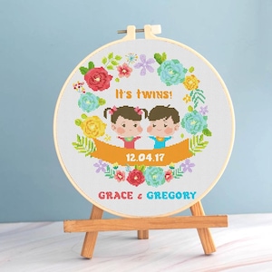 Twins Cross Stitch Birth Sampler Pdf - New Baby Announcement Birth ...