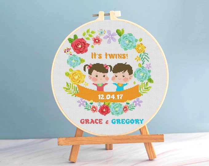 Twins Cross Stitch Birth Sampler Pdf - New Baby Announcement Birth ...