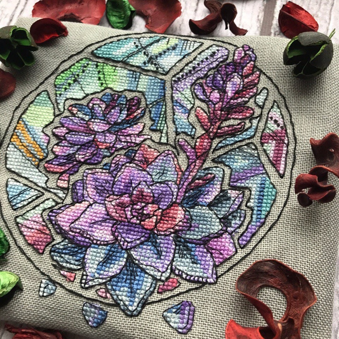 Succulent Cross Stitch Stone Rose Pattern Pdf - Round Cross Stitch ...