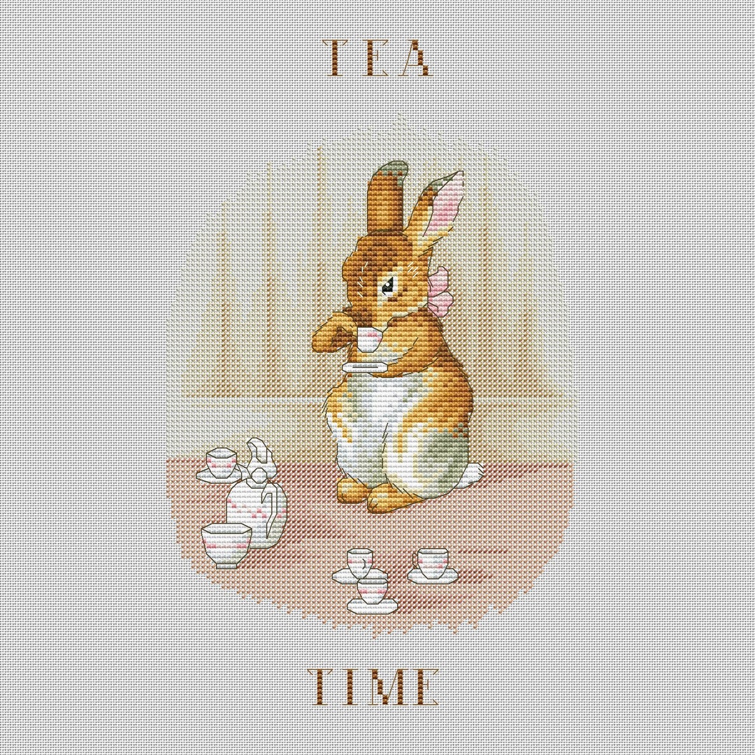 Rabbit Cross Stitch Tea Time Pattern PDF - English Breakfast Embroidery ...