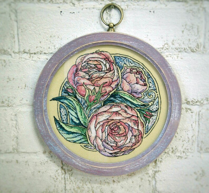 Peony Cross Stitch Round Pattern Pdf - Spring Flowers Cross Stitch ...
