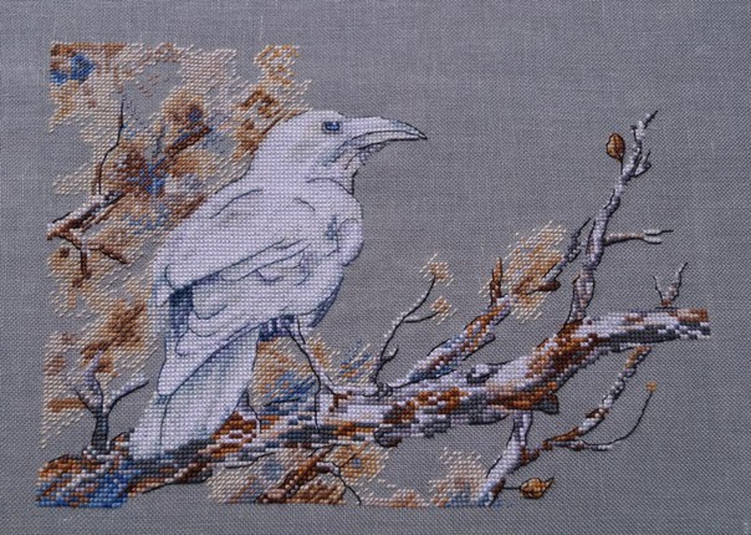 White Raven Cross Stitch Woods Pattern Pdf - Modern Cross Stitch Raven ...
