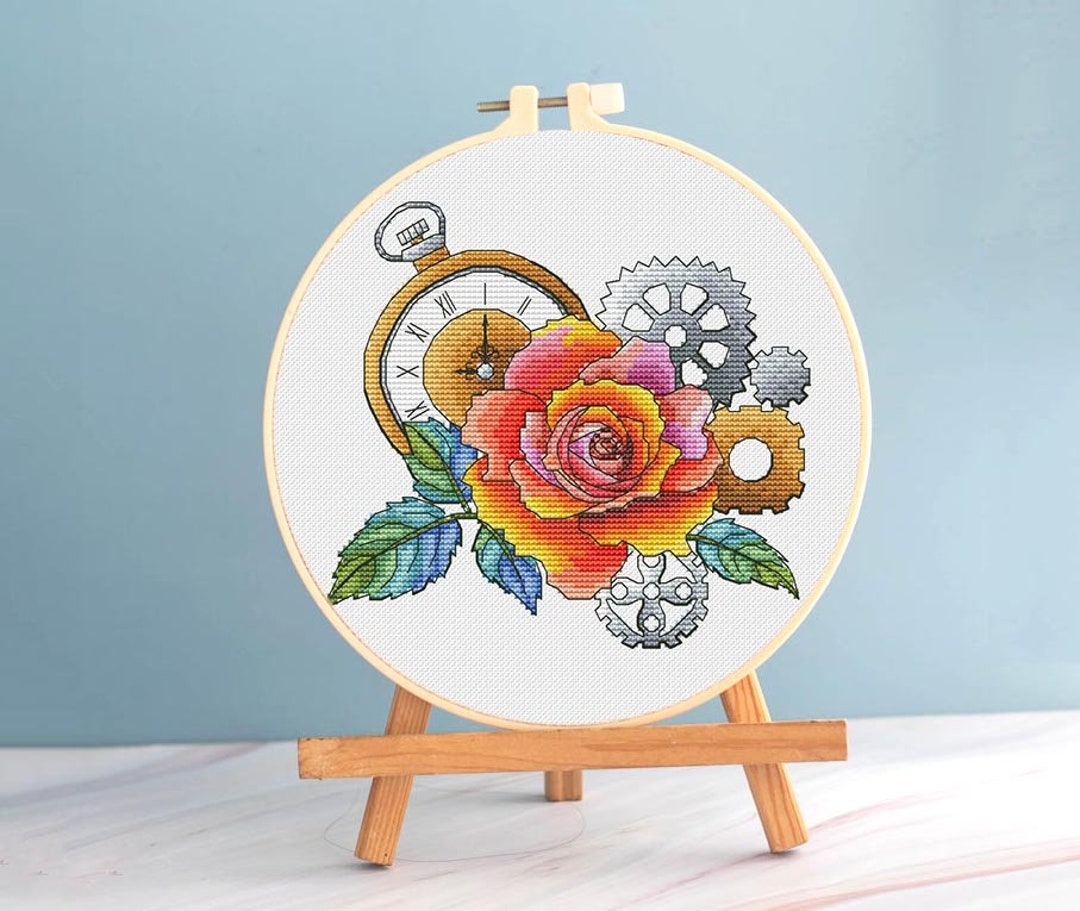 Rose Cross Stitch Steampunk Pattern Pdf - Mechanic Bouquet Cross Stitch ...