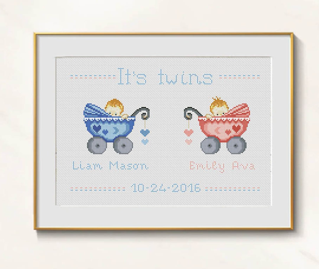 Twins Cross Stitch Birth Sampler Pdf - New Baby Announcement Birth ...