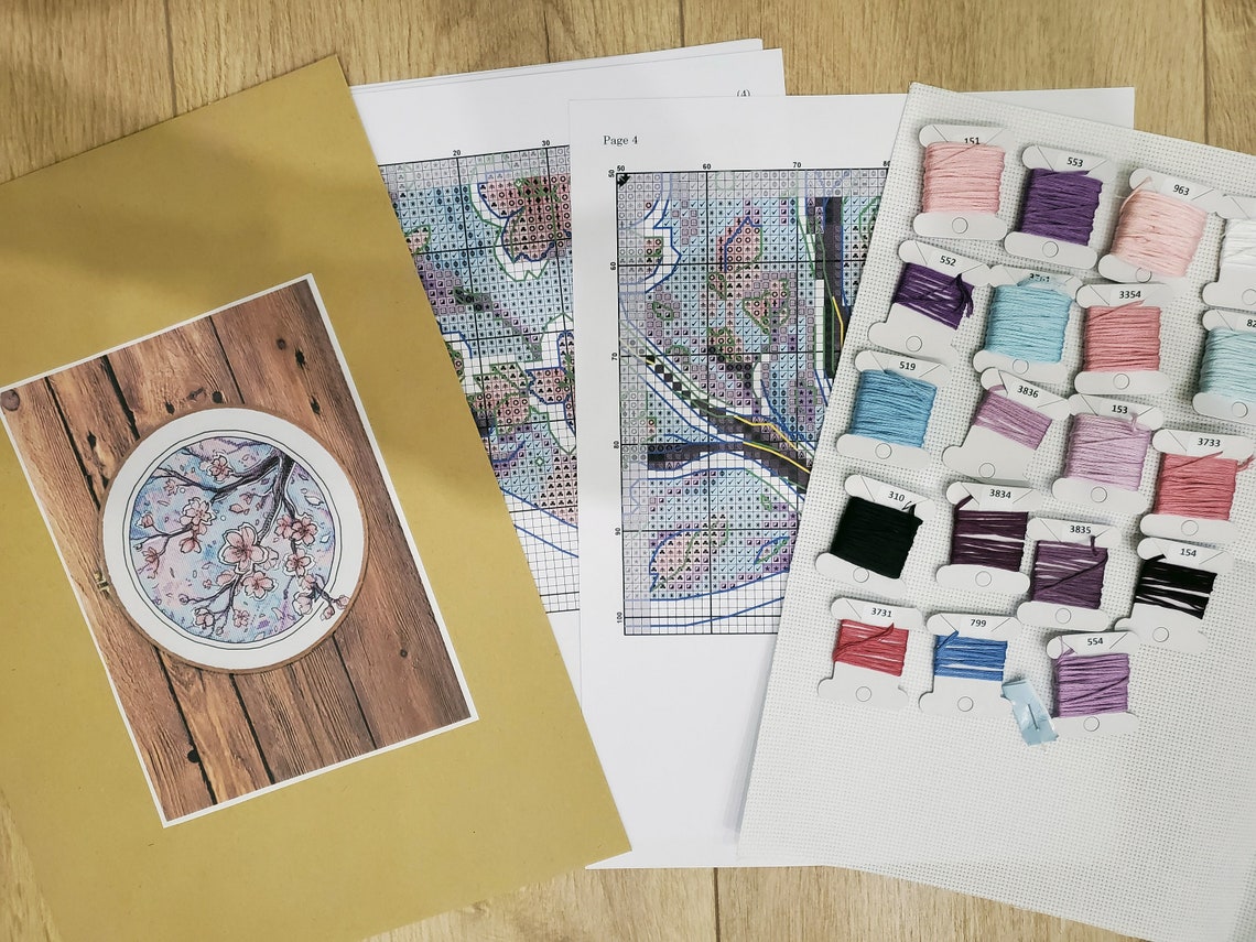 Sakura Cross Stitch Round Pattern Kit - Tree Blossom Cross Stitch ...