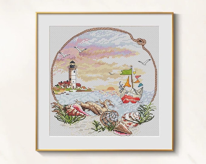 Lighthouse Cross Stitch Seacoast Pattern - Seaside Landscape Embroidery ...