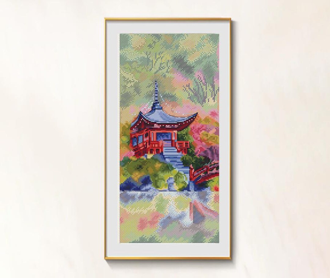 Pagoda Cross Stitch Asian Pattern Pdf - Buddhist Embroidery Japanese ...