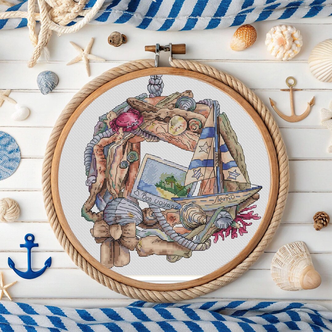 Marine Cross Stitch Sea Fantasy Pattern Pdf - Sea Wreath Embroidery ...