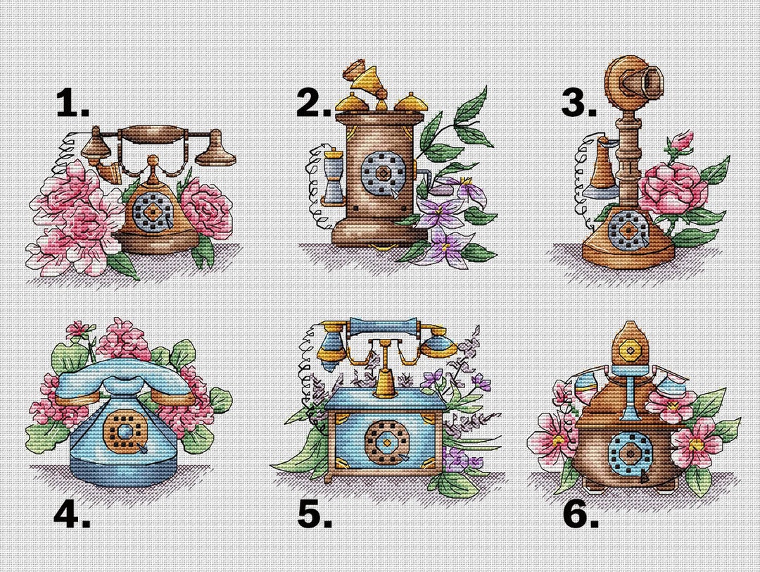 Telephone Cross Stitch Floral Pattern Pdf - Retro Phone Cross Stitch ...