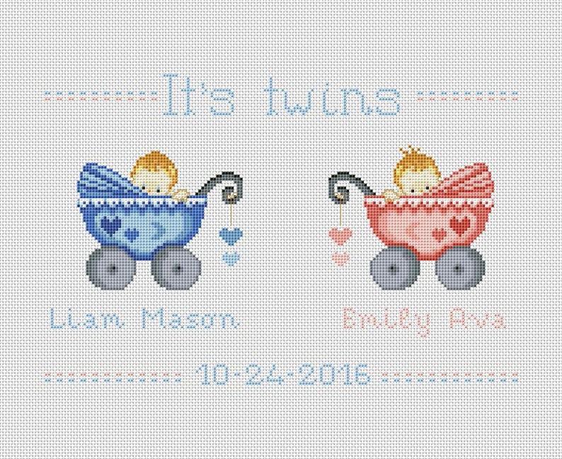 Twins Cross Stitch Birth Sampler Pdf - New Baby Announcement Birth ...