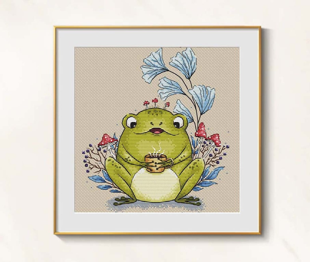 Frog Cross Stitch Toad Mushrooms Pattern Pdf - Tea Time Cross Stitch ...