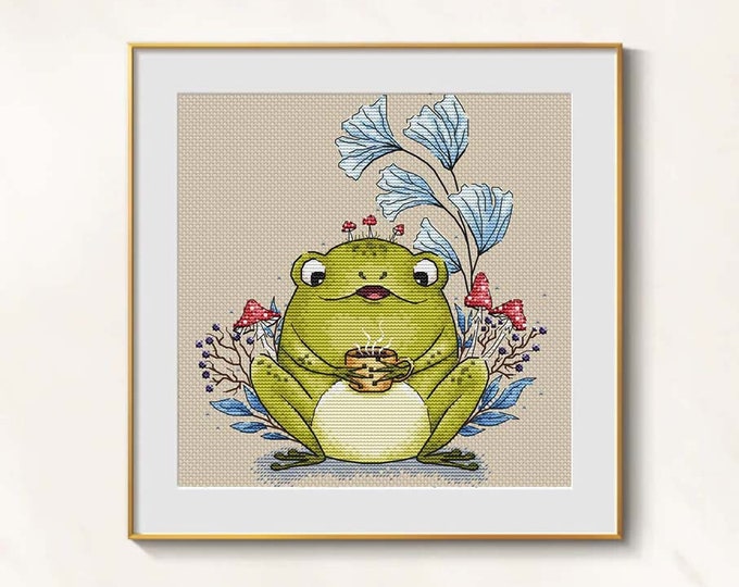 Frog Cross Stitch Toad Mushrooms Pattern Pdf - Tea Time Cross Stitch ...