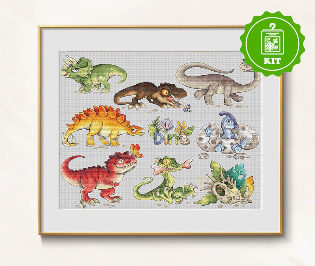 Dinosaurs Cross Stitch KIT Dino Sampler Pattern - Jurassic Park Cross ...