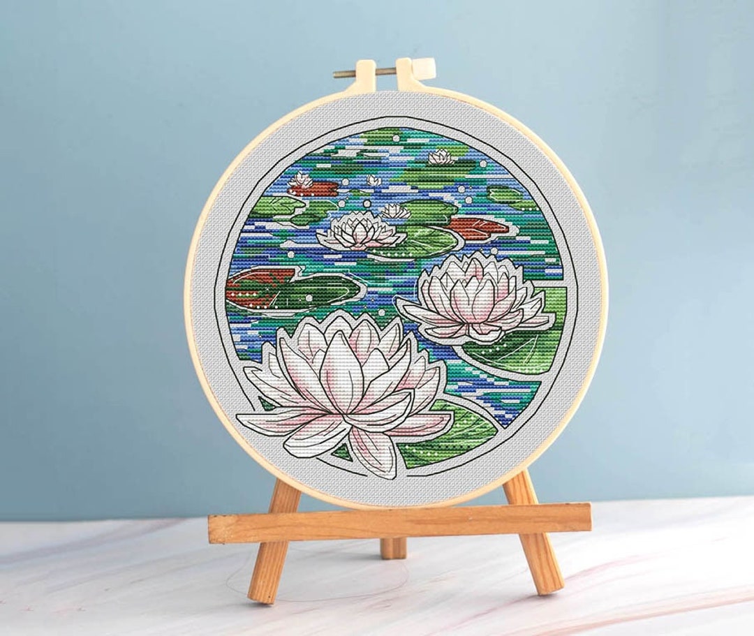 Water Lily Cross Stitch Round Pattern Pdf - Pond Cross Stitch Water ...