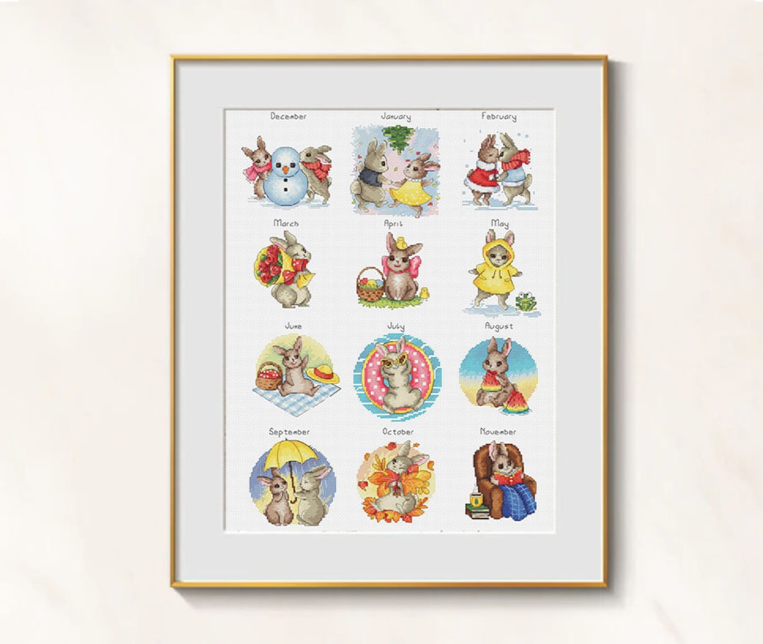 Bunny Cross Stitch Calendar Pattern Pdf - Funny Rabbit Embroidery Yeas ...