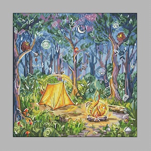 Forest Cross Stitch Camping Pattern Pdf - Hiking Embroidery Campfire ...