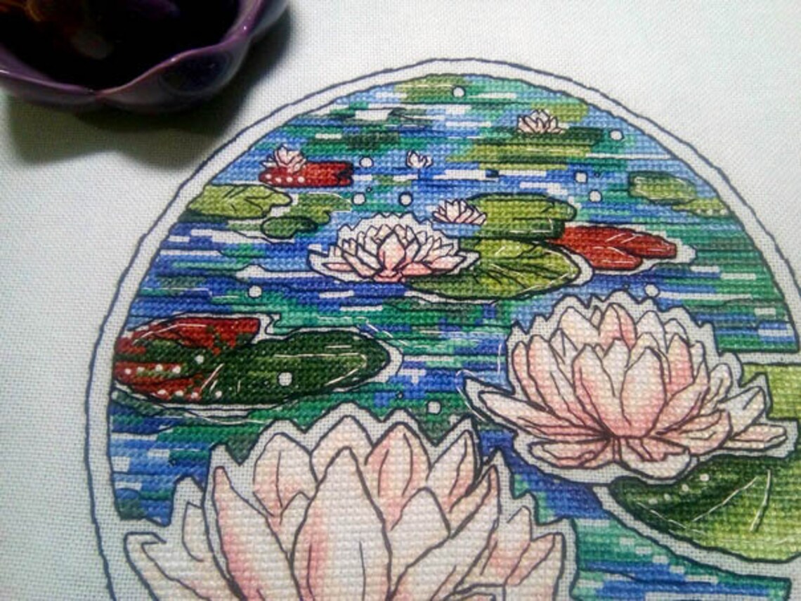 Water Lily Cross Stitch Round Pattern Pdf Pond Cross Stitch - Etsy