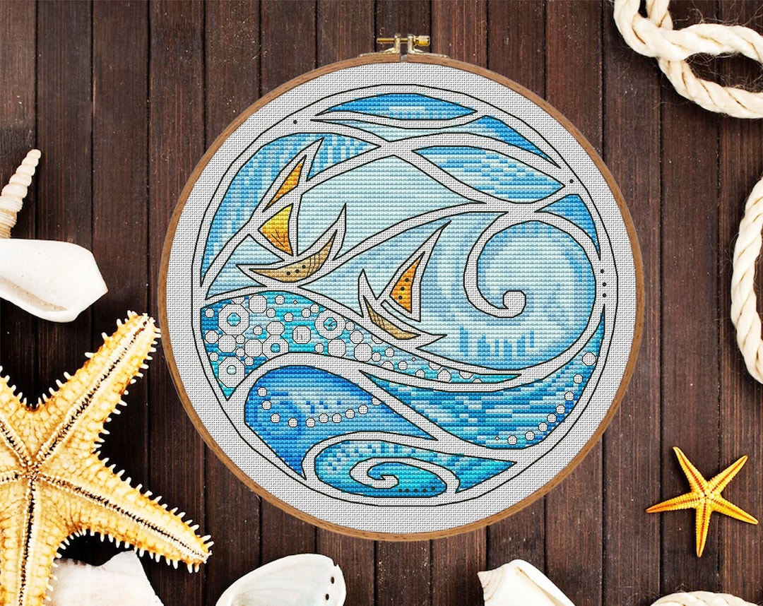 Sea Wave Cross Stitch Round Pattern Pdf Marine Counted Cross Stitch ...