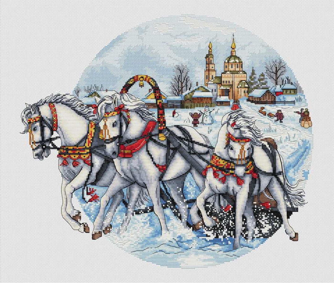 Winter Horses Cross Stitch Rustic Pattern Pdf - Russian Troika Cross ...