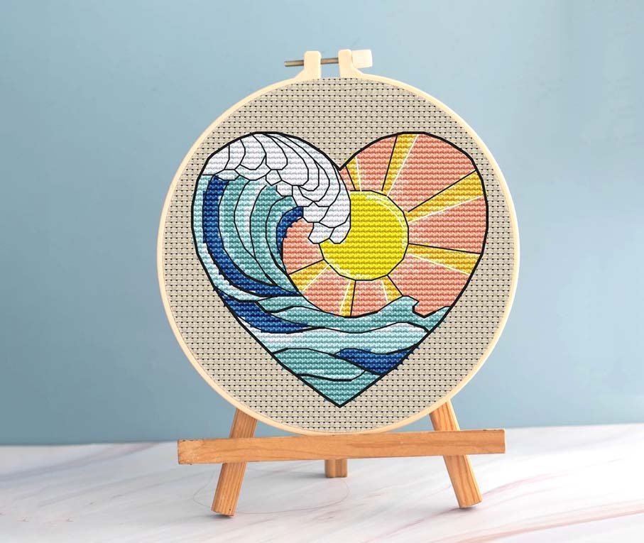 Summer Heart Cross Stitch Wave Pattern Pdf - Great Wave Cross Stitch ...