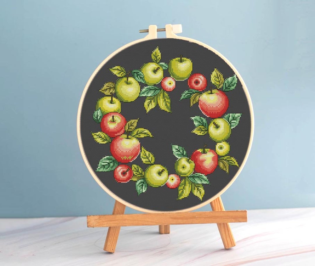 Apples Wreath Cross Stitch Summer Pattern Pdf - Cottagecore Cross Stitch Apples Embroidery Round ...