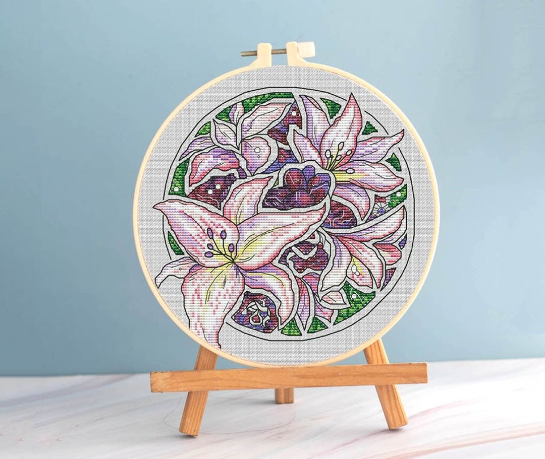 Lily Cross Stitch Round Pattern Pdf - Lilac Flowers Cross Stitch Purple ...